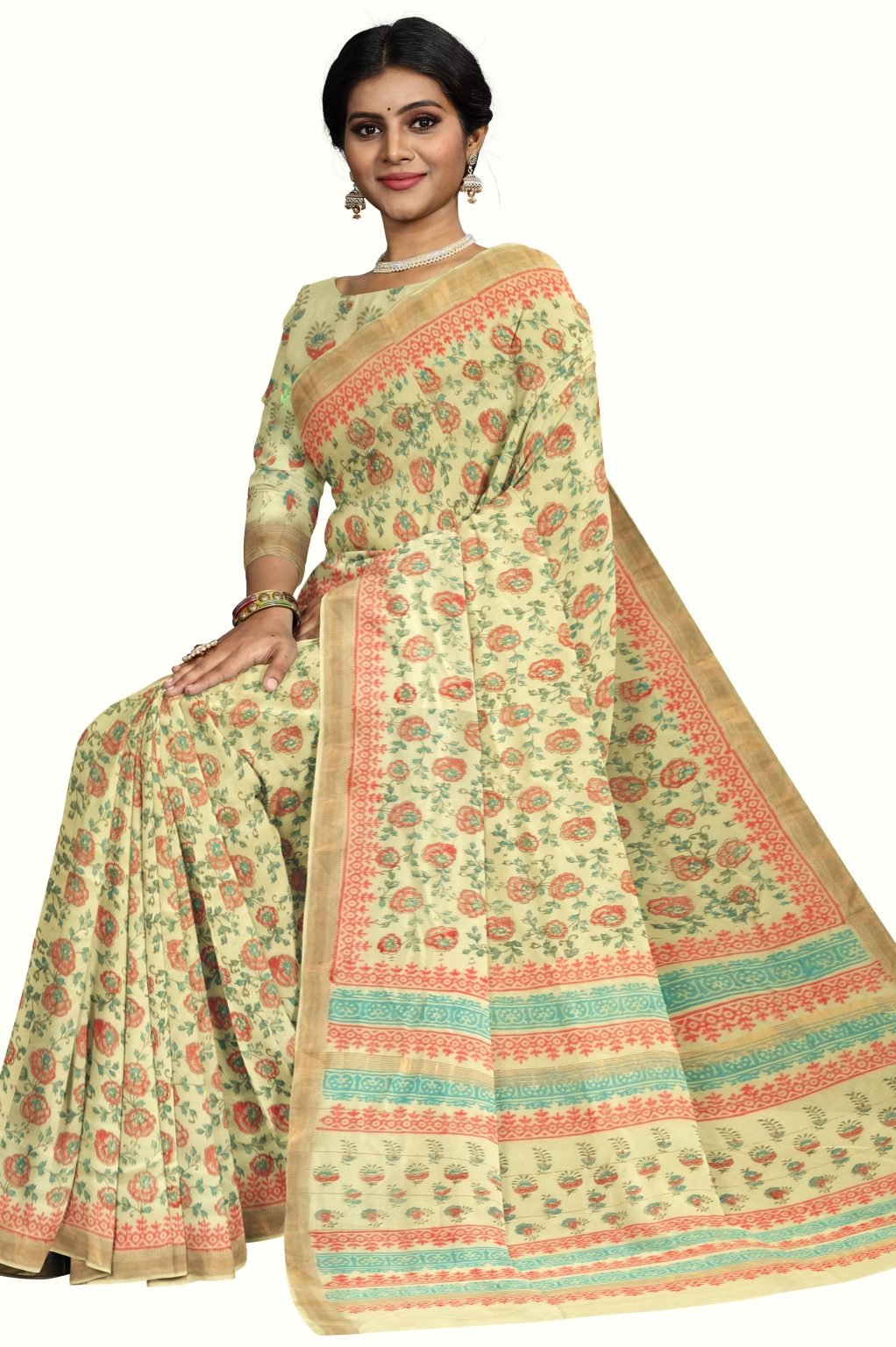 Lotus Design Handblock Printed Maheshwari Saree - Alankaran Designs