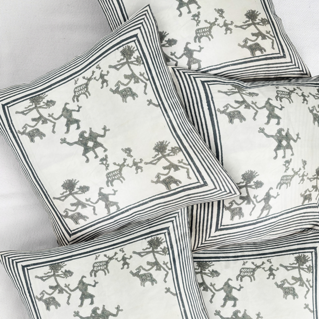 Rock Art Handblock Printed Cushion Covers (Set of 5) - Alankaran Designs