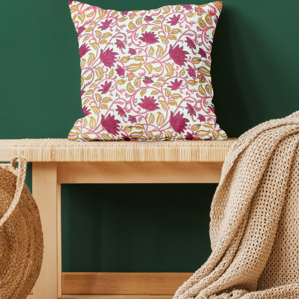 Lotus Design Hand block Printed Cushion Covers (Set of 5) - Alankaran ...